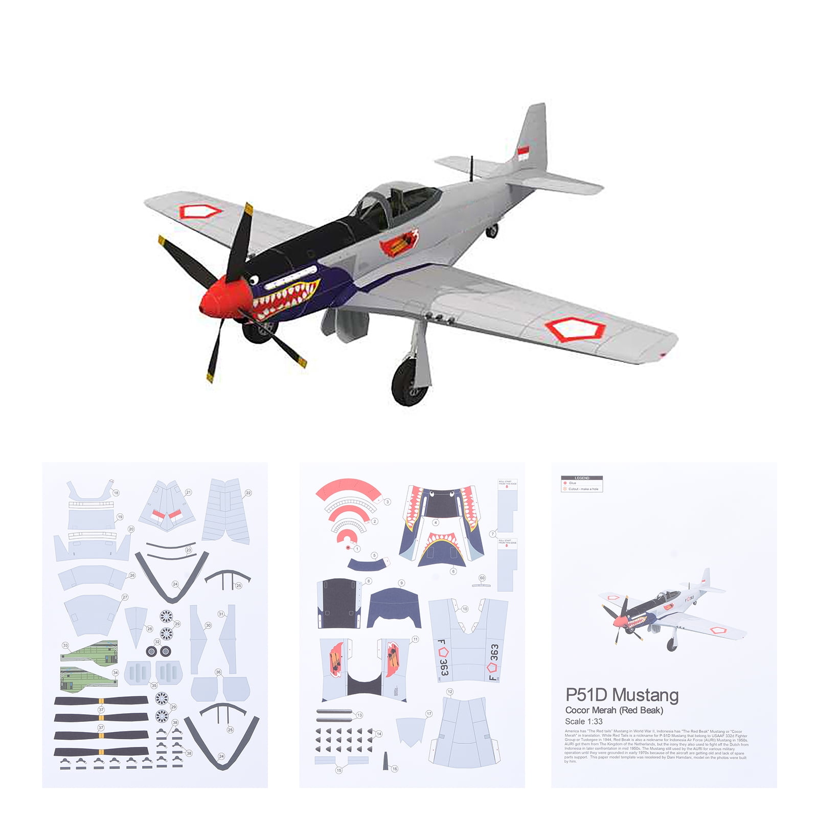 P-51D Mustang Fighter Paper Model Kit Collectible for Display, 1:33 ...