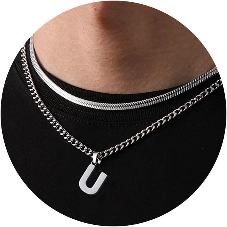 P.Blake Layered Initial A-Z Pendant Necklace For Men, Stainless Steel ...