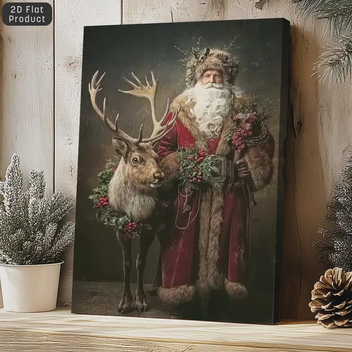 P&L Art Vintage Santa & Reindeer Christmas Wall Art Framed, Rustic Old ...
