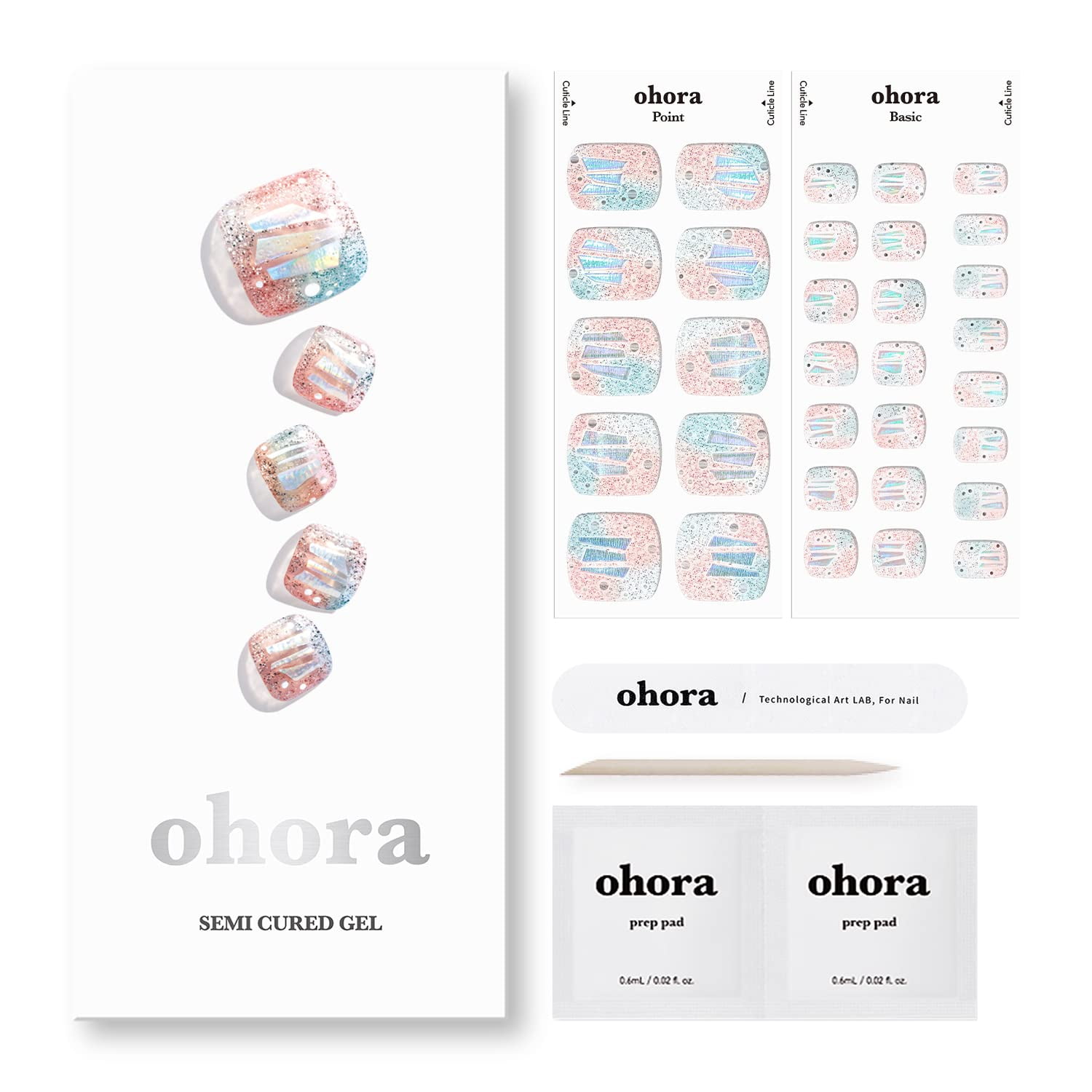 [P Newtro No.1] Real Gel Nail Strip by ohora - 30pcs with Prep pad, Mini Nail File, Wood Stick ...
