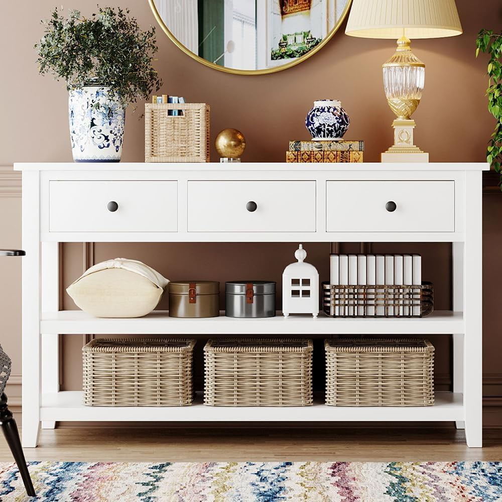 P PURLOVE Farmhouse Console Table with 3 Drawers,Solid Wood Console ...