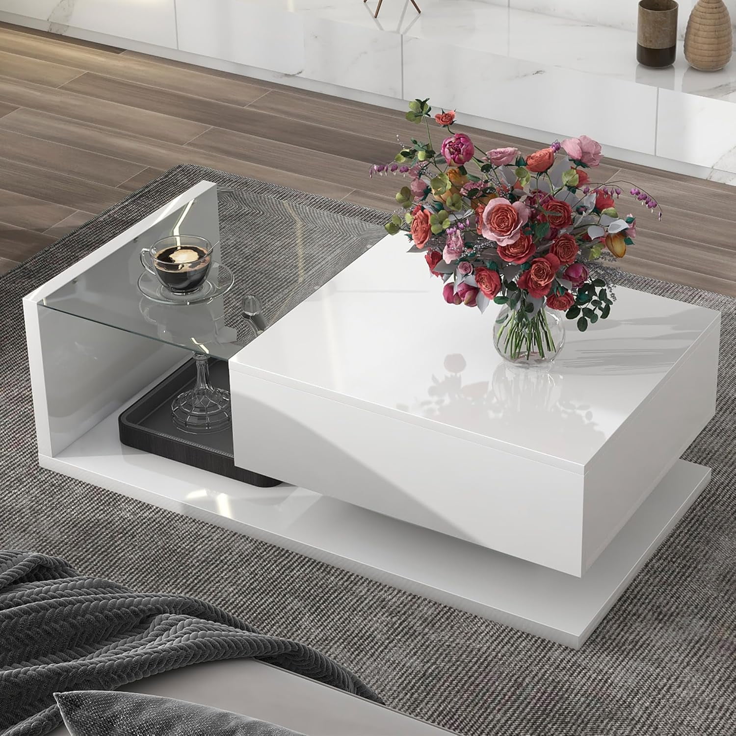 P PURLOVE Modern Coffee Table with Tempered Glass,Small Coffee Table ...