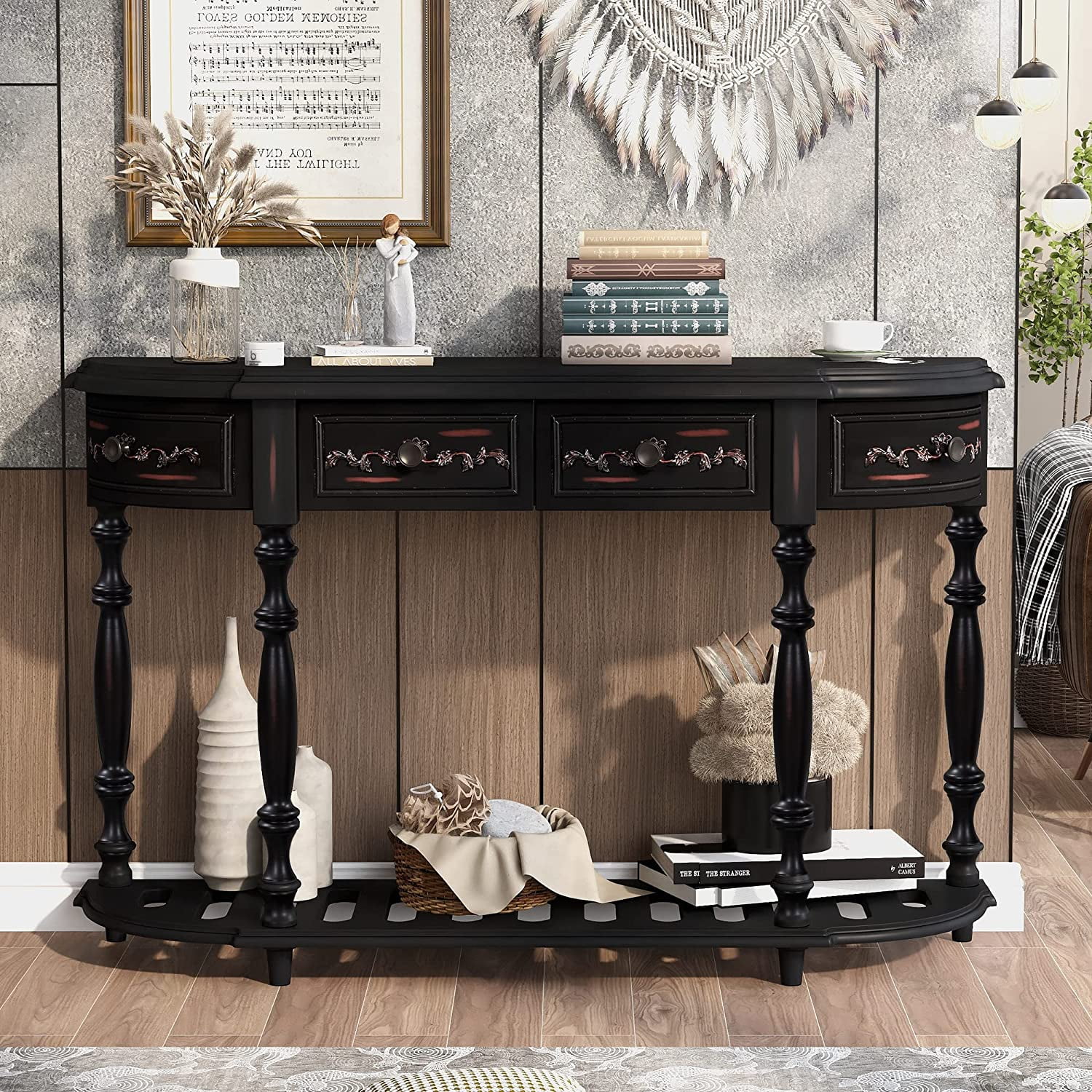 P PURLOVE Retro Circular Curved Console Sofa Entryway Table with 4 ...