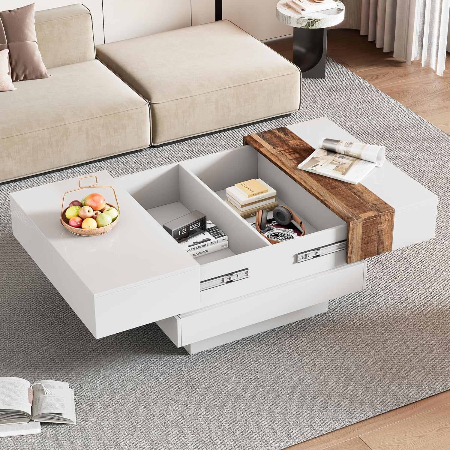 P PURLOVE Square Coffee Table with Sliding Tabletop,Modern High Gloss ...