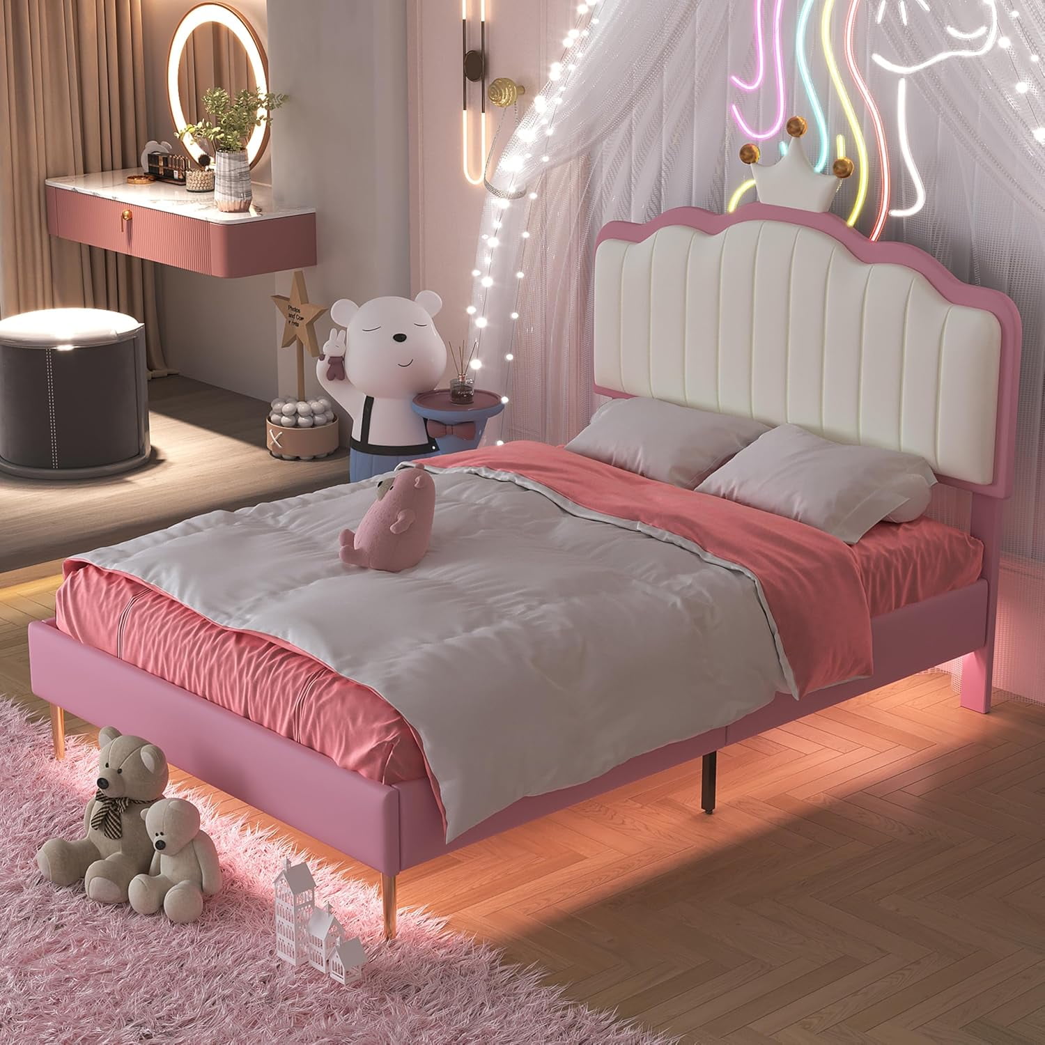 P PURLOVE Twin Size Upholstered Princess Bed with Crown Headboard,Kids ...