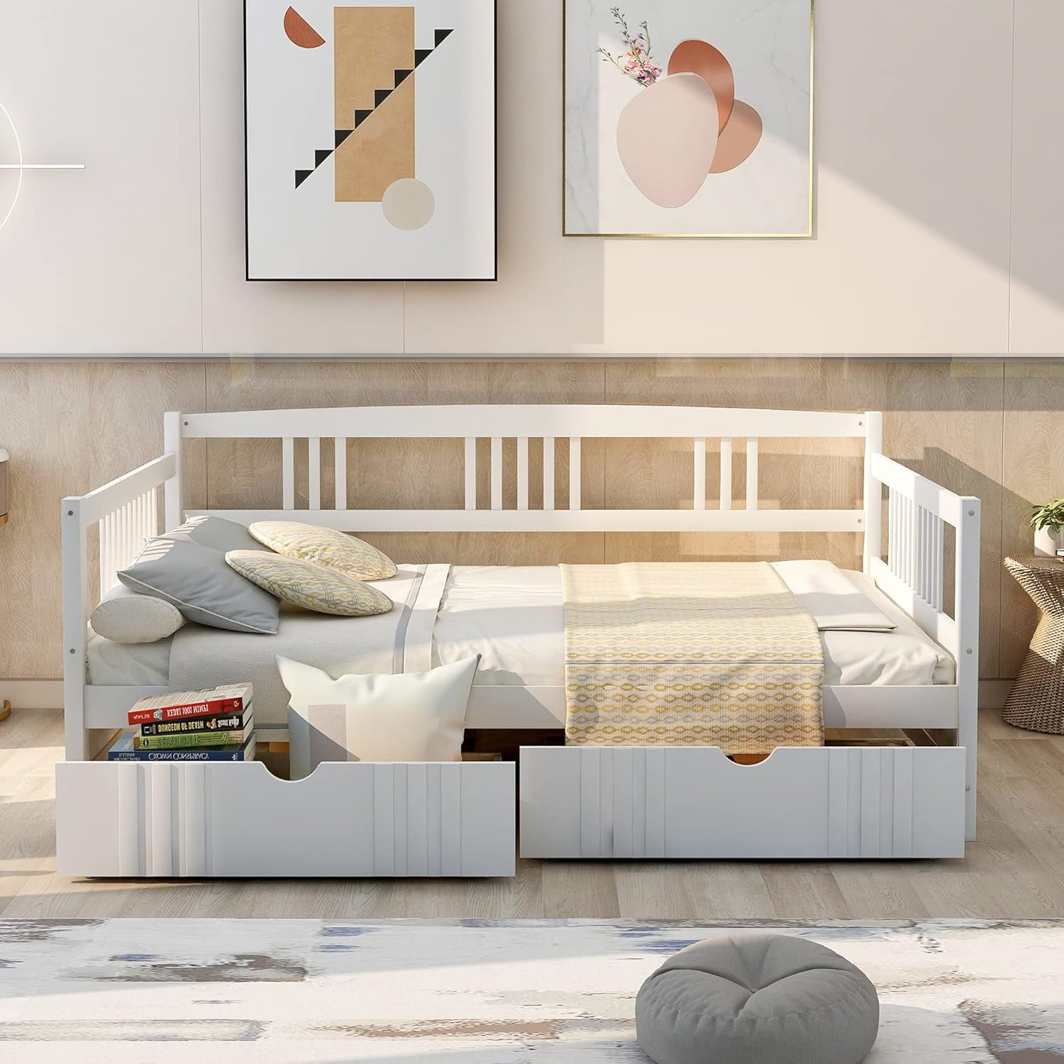 P PURLOVE Wood Daybed with Rails Twin Bed Wooden Slats Support Modern ...