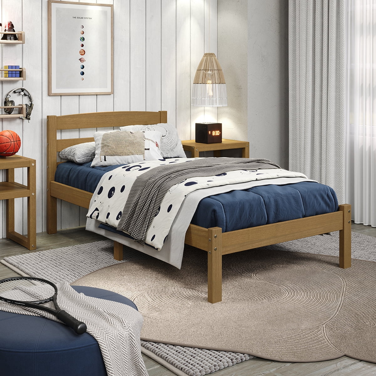 P kolino Urban Twin Bed Frame with Headboard Solid Wood Natural Oak for Kids Teens