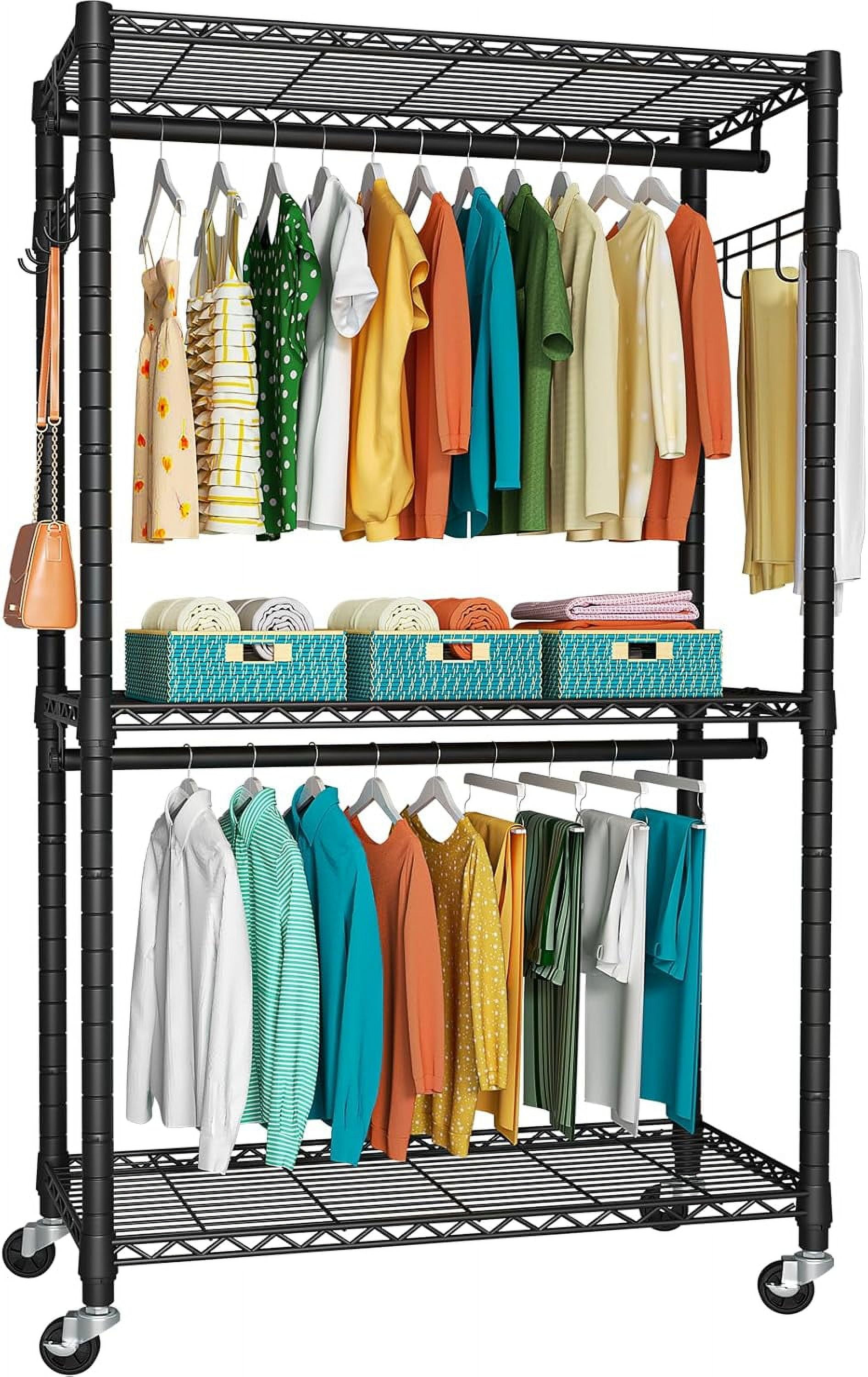P1 Heavy Duty Garment Rack, 3 Tiers Adjustable Rolling Metal Closet ...