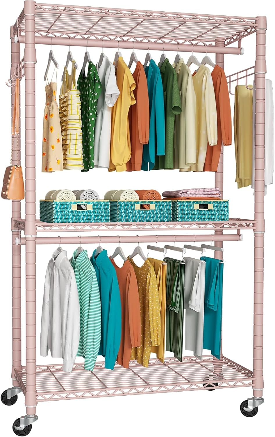 P1 Heavy Duty Garment Rack, 3 Tiers Adjustable Rolling Metal Closet ...