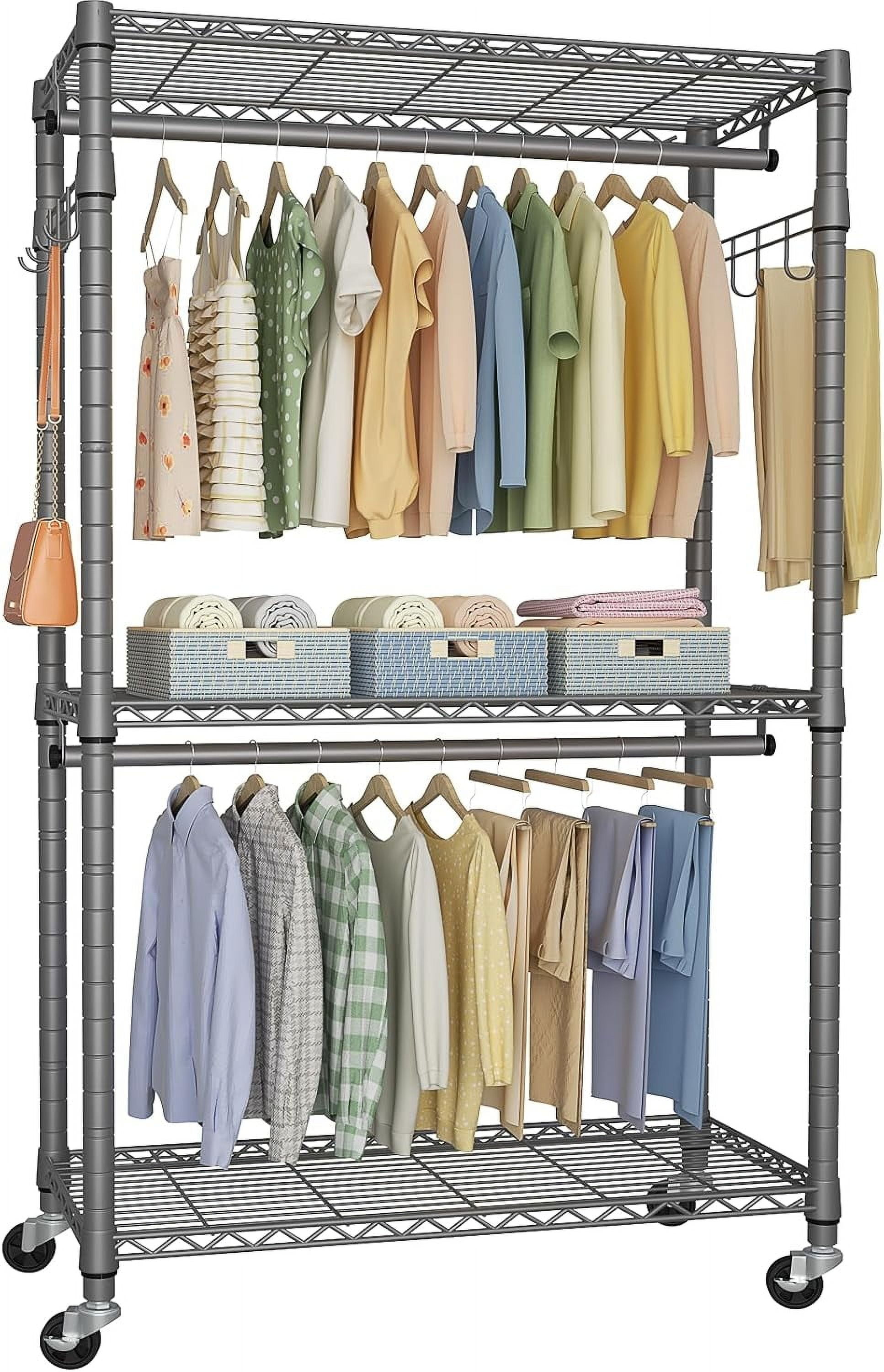 P1 Heavy Duty Garment Rack, 3 Tiers Adjustable Rolling Metal Closet ...