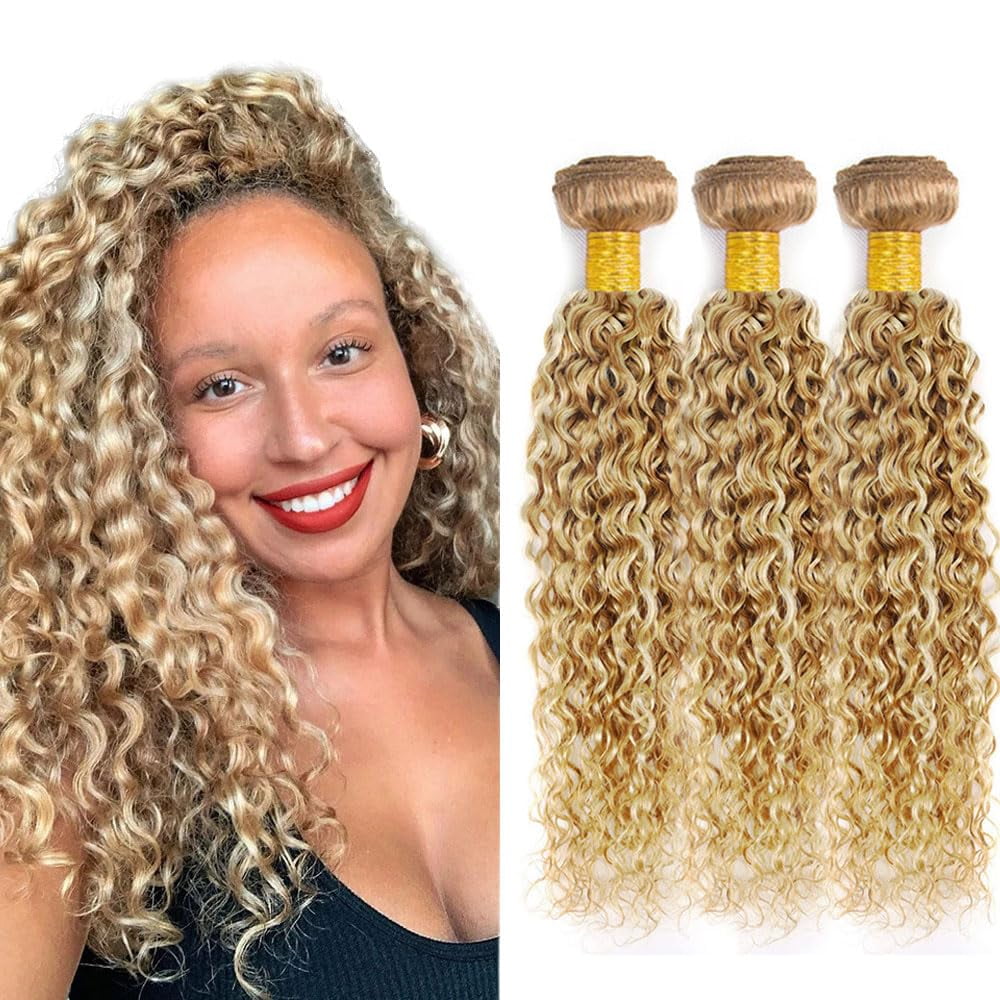 P27/613 Bundle Blonde Kinky Curly Human Hair Bundles Two Tone #27 Mixed ...