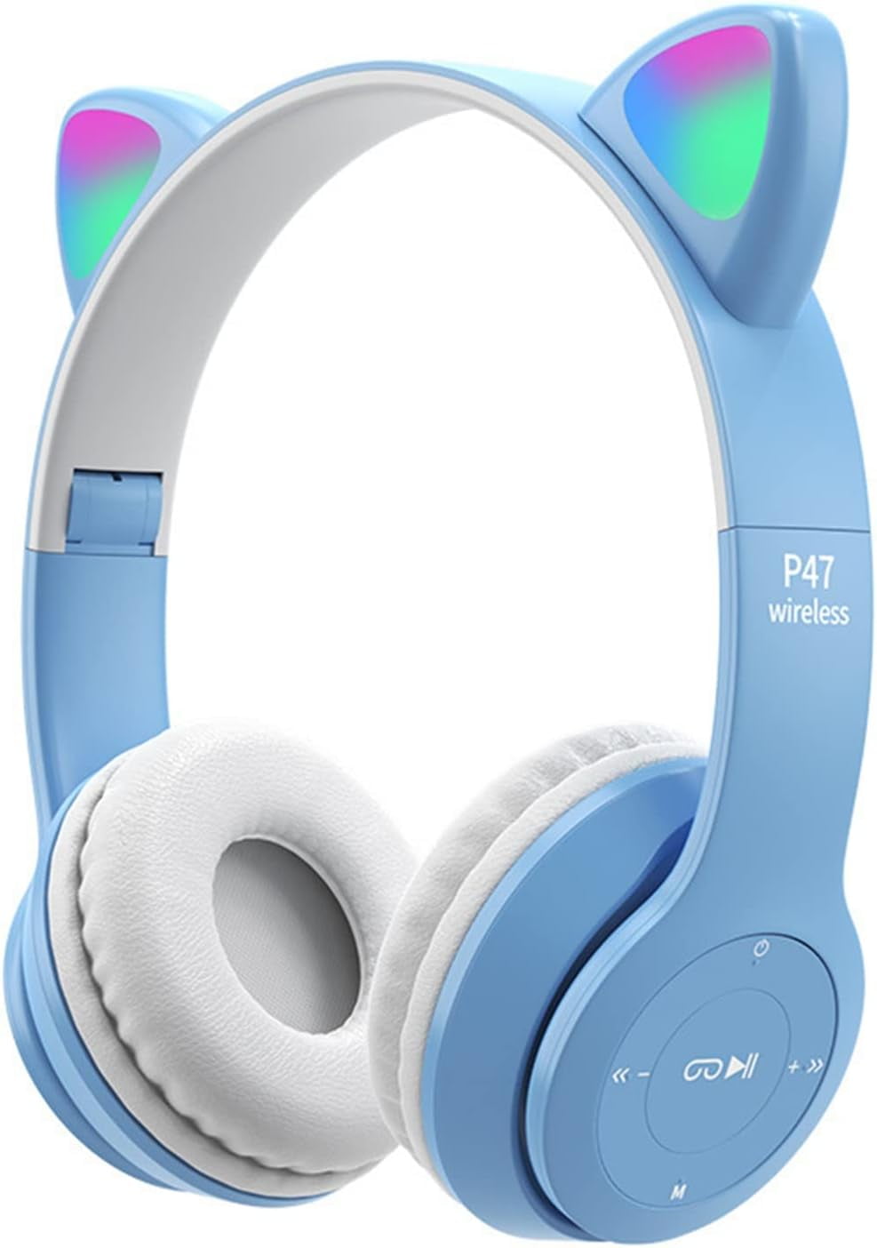 P47M Cat Ears Bluetooth Headphones Wireless Blue Headphones Cat Ear LED ...