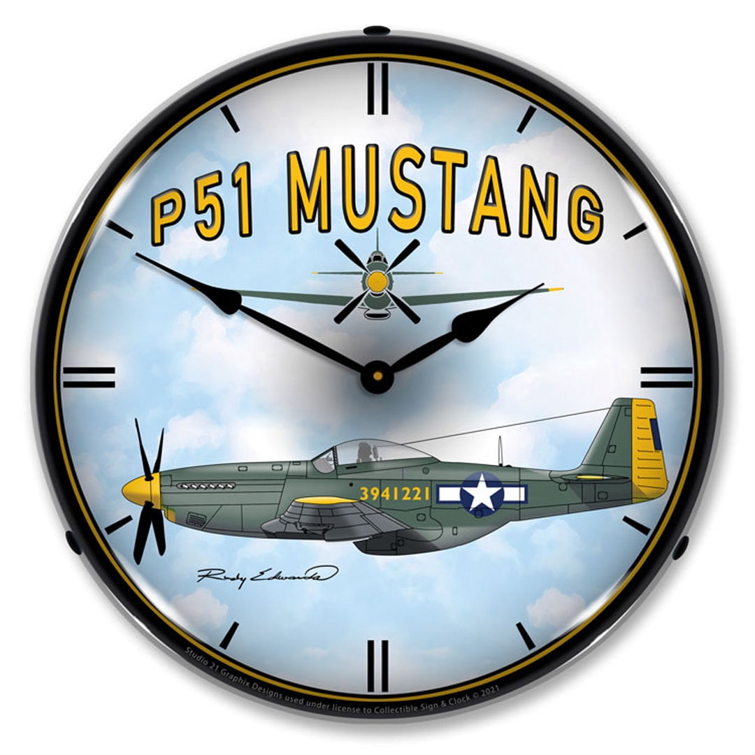 Collectable Sign and Clock P51 Mustang LED Lighted Premium Wall Clock ...