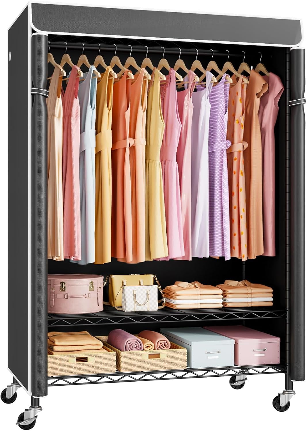 P6C Plus Rolling Clothes Rack with Cover, Covered Clothing Rack Heavy ...