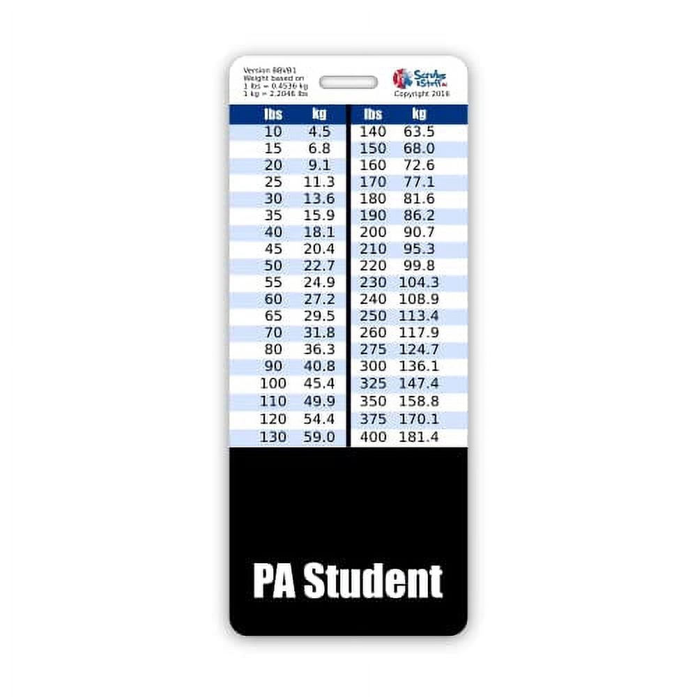 PA Student Badge Vertical W/Height & Weight Conversion Charts ...