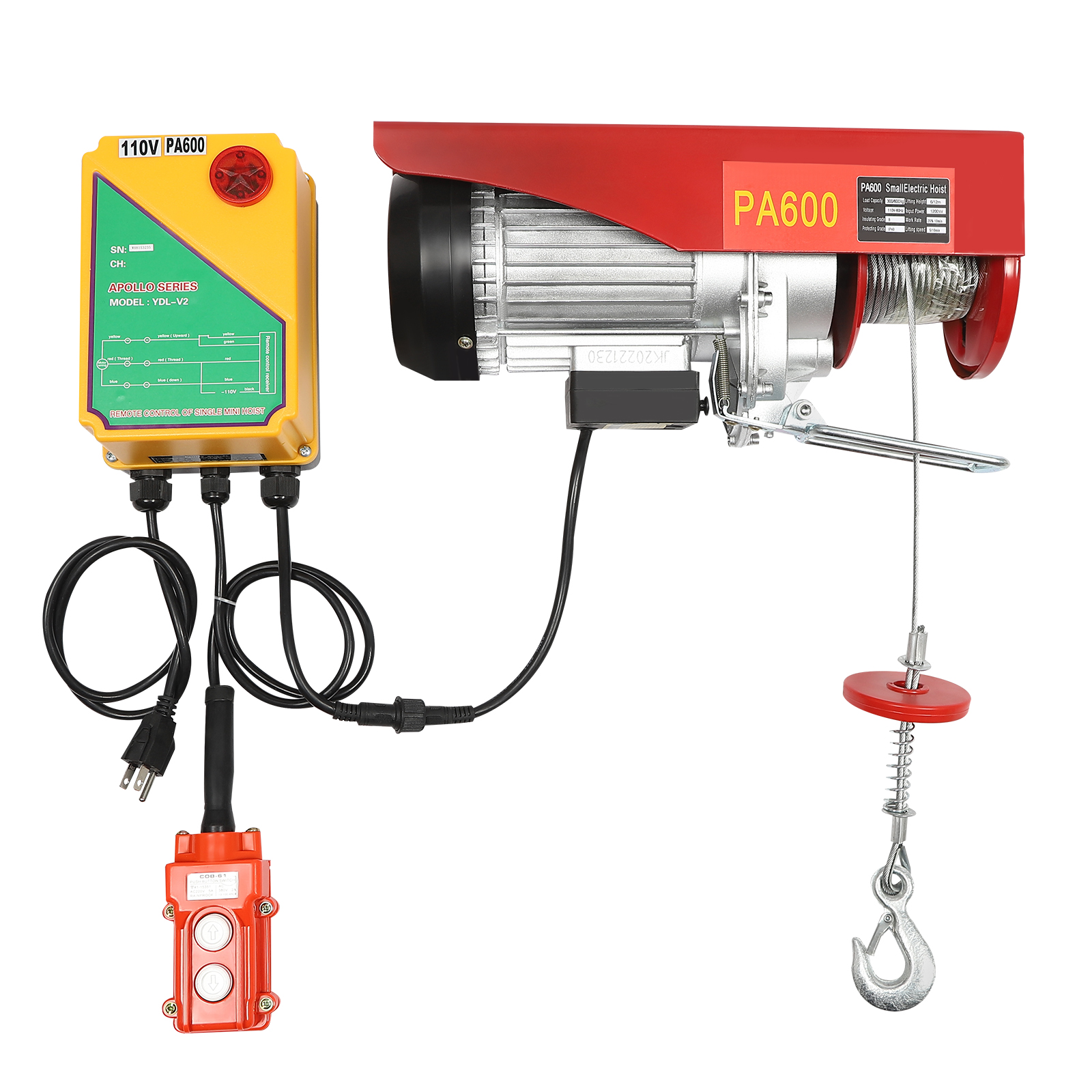 PA600 Electric Wire Hoist Winch 1320Lbs Engine Crane Lift Wired Remote ...