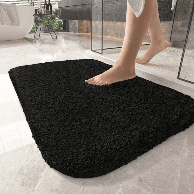 "PABUBE 17""x24"" Non-Slip Bathroom Rug, Black, Microfiber Shag Bath ...