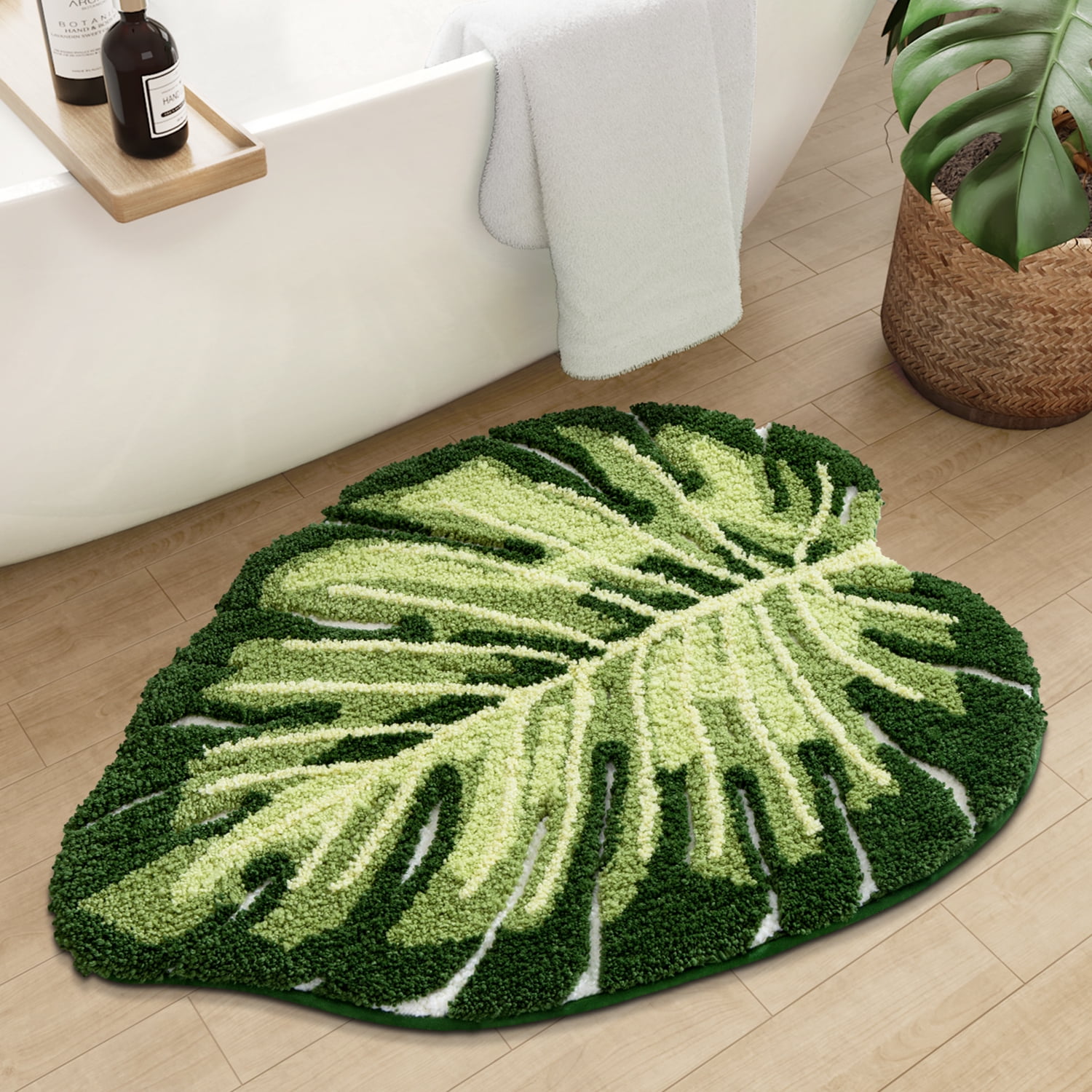 PABUBE Monstera Leaf Bathroom Rug, 24"x32", Cute Green Plush Bath Mat ...