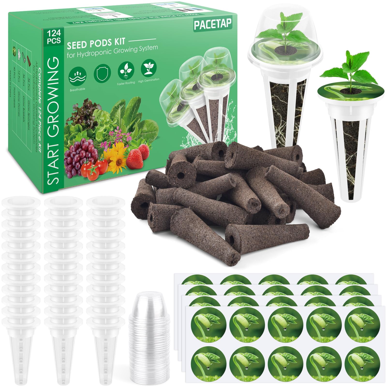 PACETAP 124 Pcs DHF10 Pod Kit for AeroGarden, Starter Sponges Kit for ...