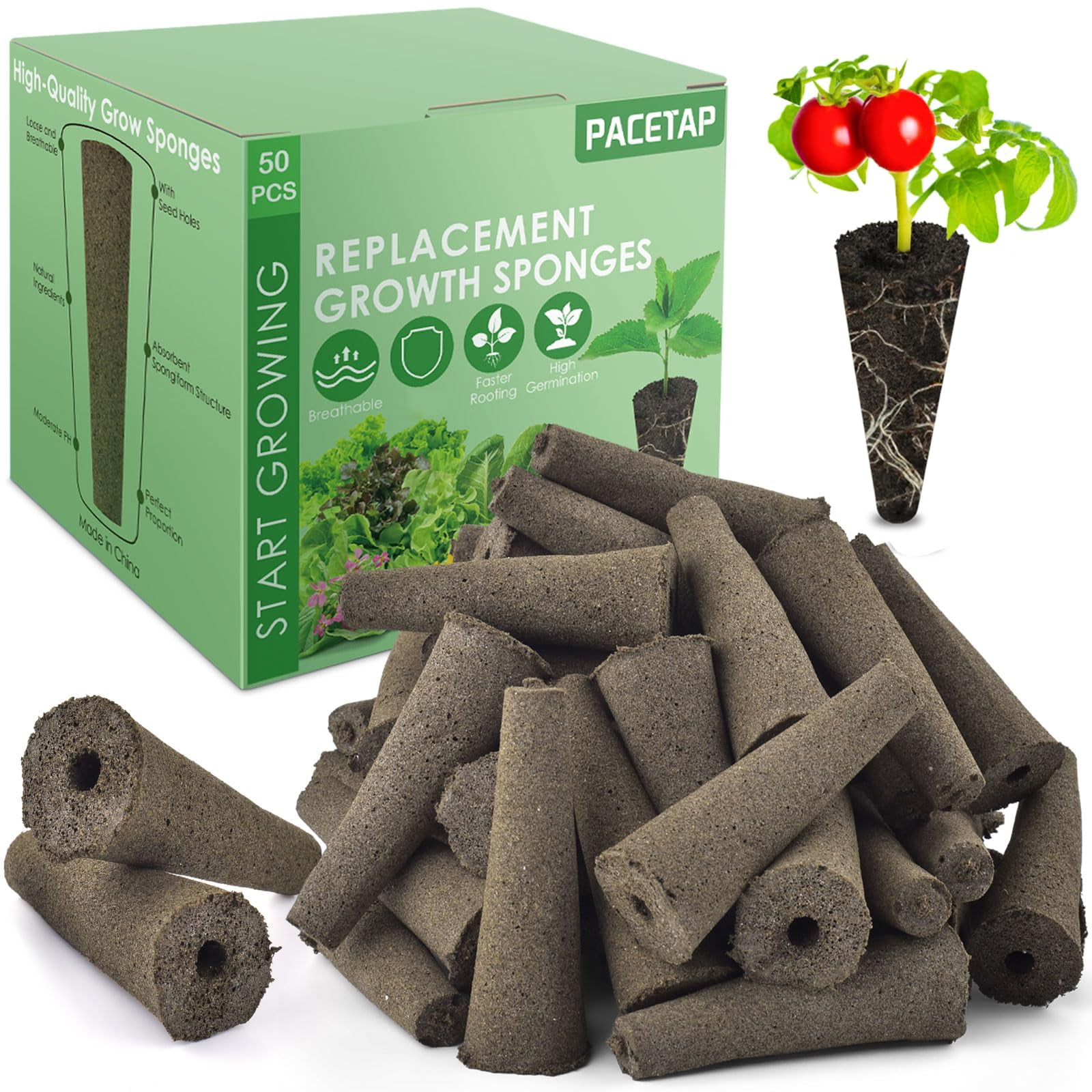 PACETAP 50 Pack TWE5 Grow Sponges, Seed Pods Replacement Root Growth ...