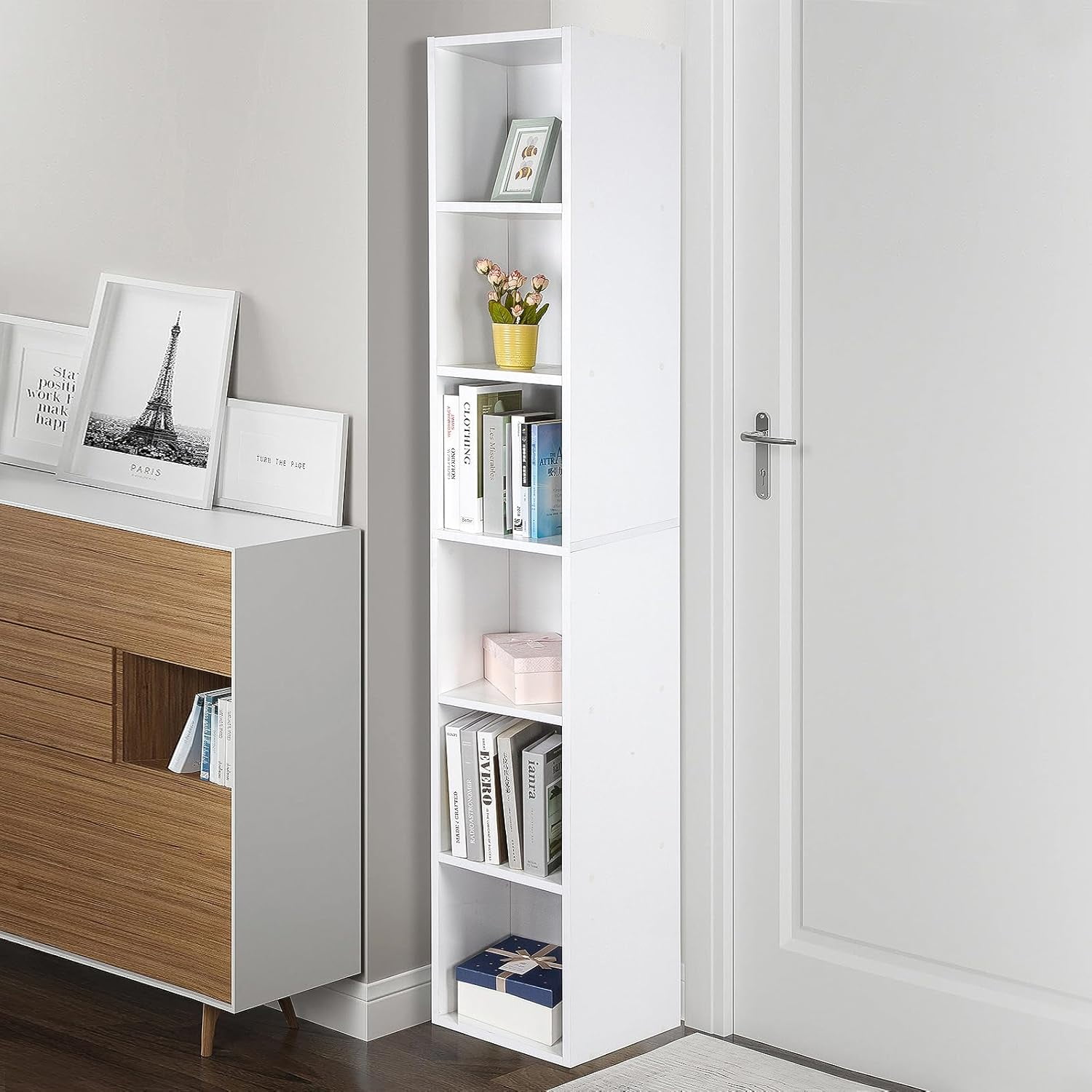 PACHIRA E-Commerce 71" H White Narrow Bookshelf, 6 Tiers Tall Skinny ...