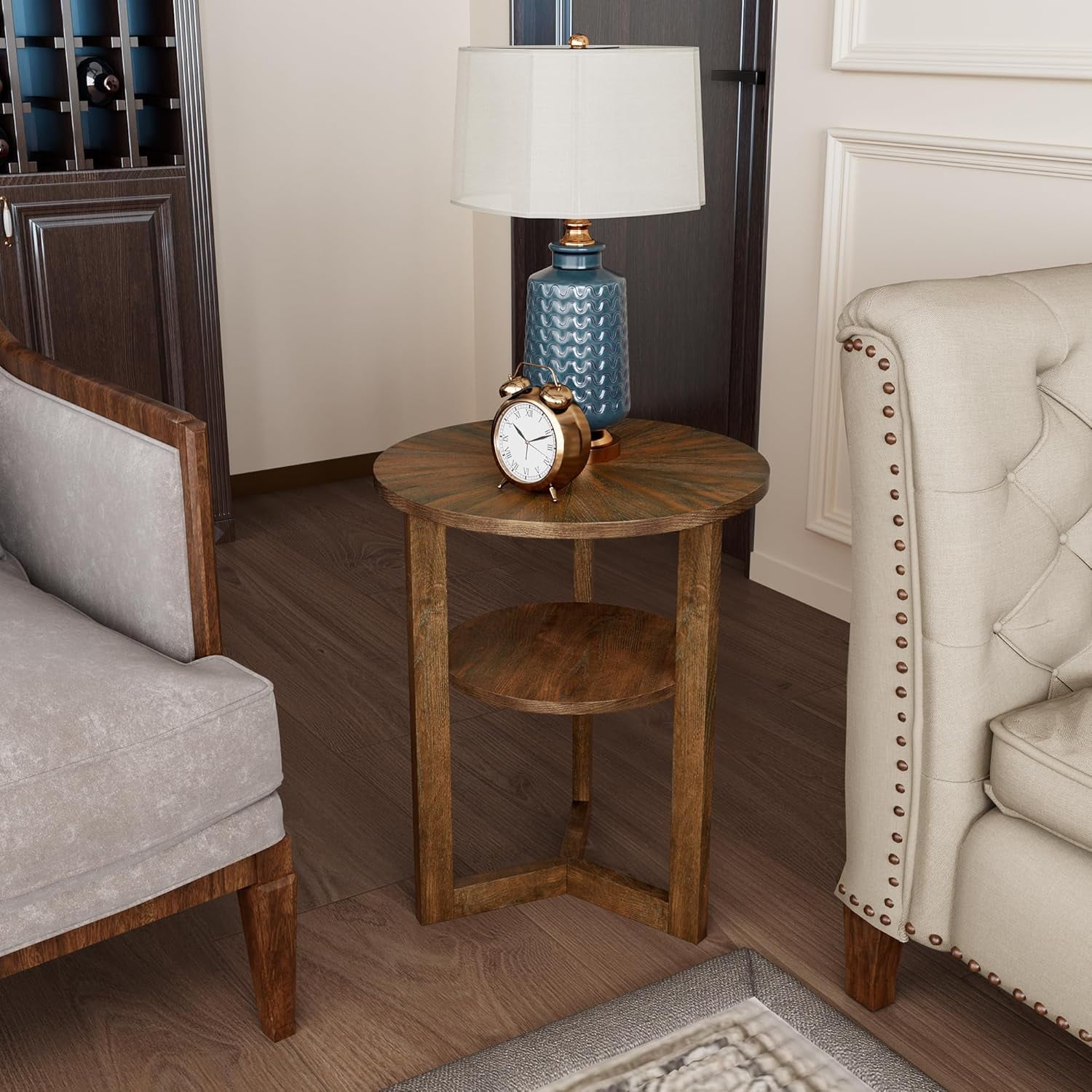 PADMA HOUSE 19.3" Round Wood End Table, 2-Tier Solid Wood Rounded ...