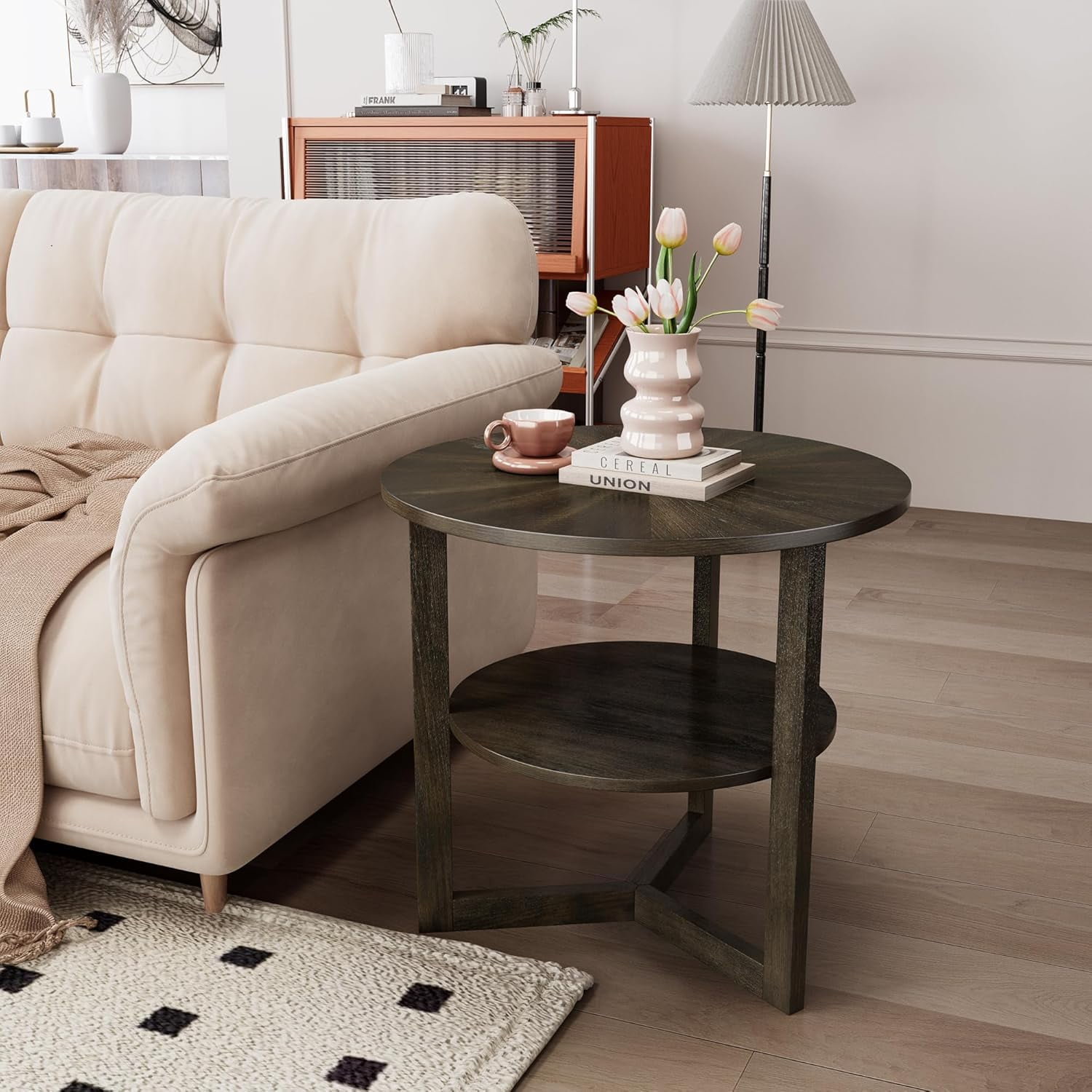 PADMA HOUSE 25" Round Wood End Table, 2-Tier Solid Wood Rounded Accent ...