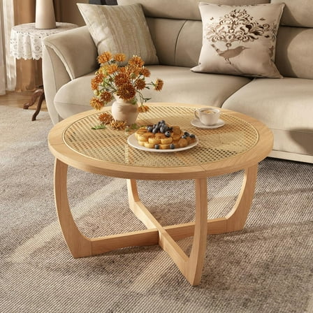A&B Home Traditional Natural Wood Rattan Table, Open Cane Shelf - 29 ...