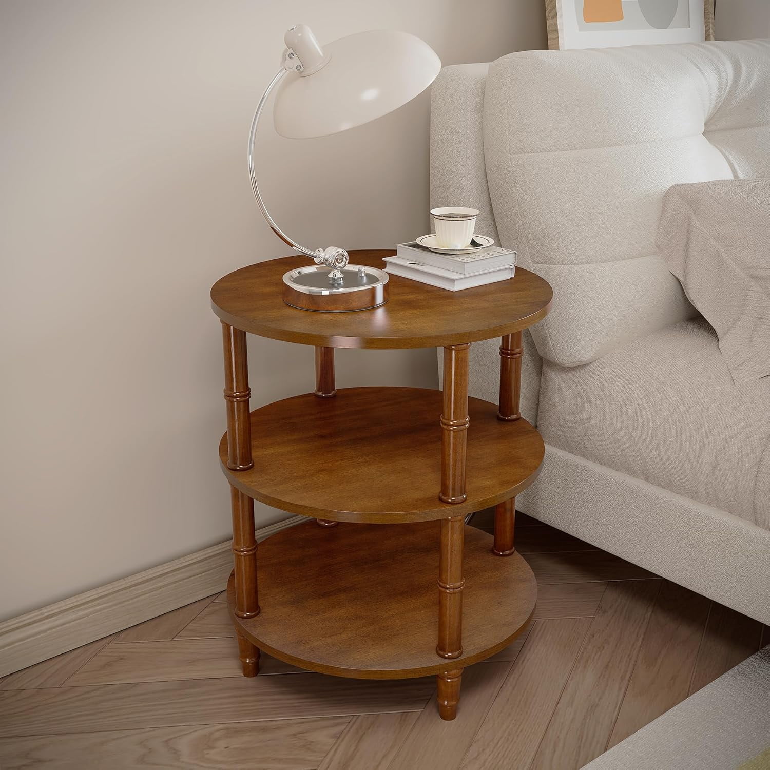 PADMA HOUSE Round Wood Small End Table with 3 Shelves, Wood Side Table ...