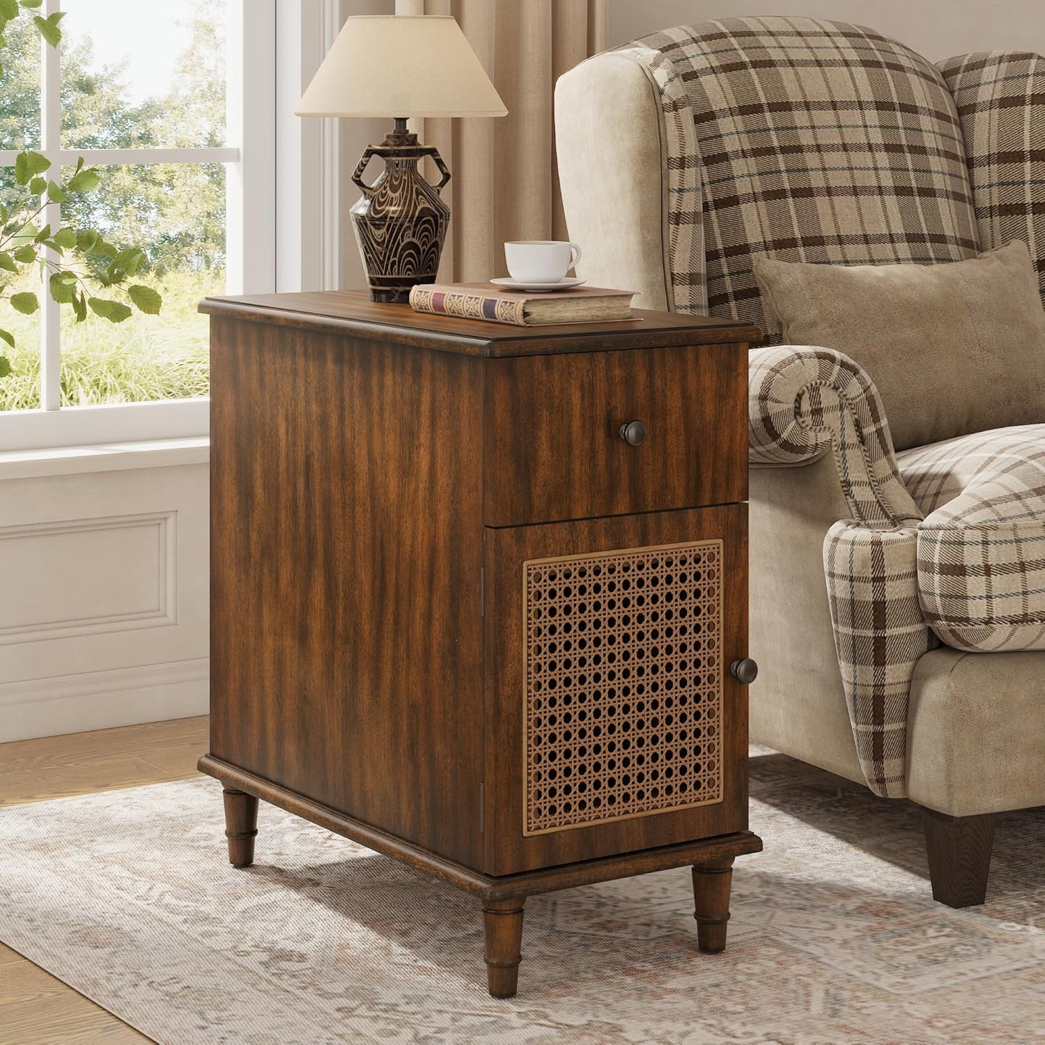 PADMA HOUSE Slim Wood Rattan End Table with Drawer&Door, Vintage Small ...