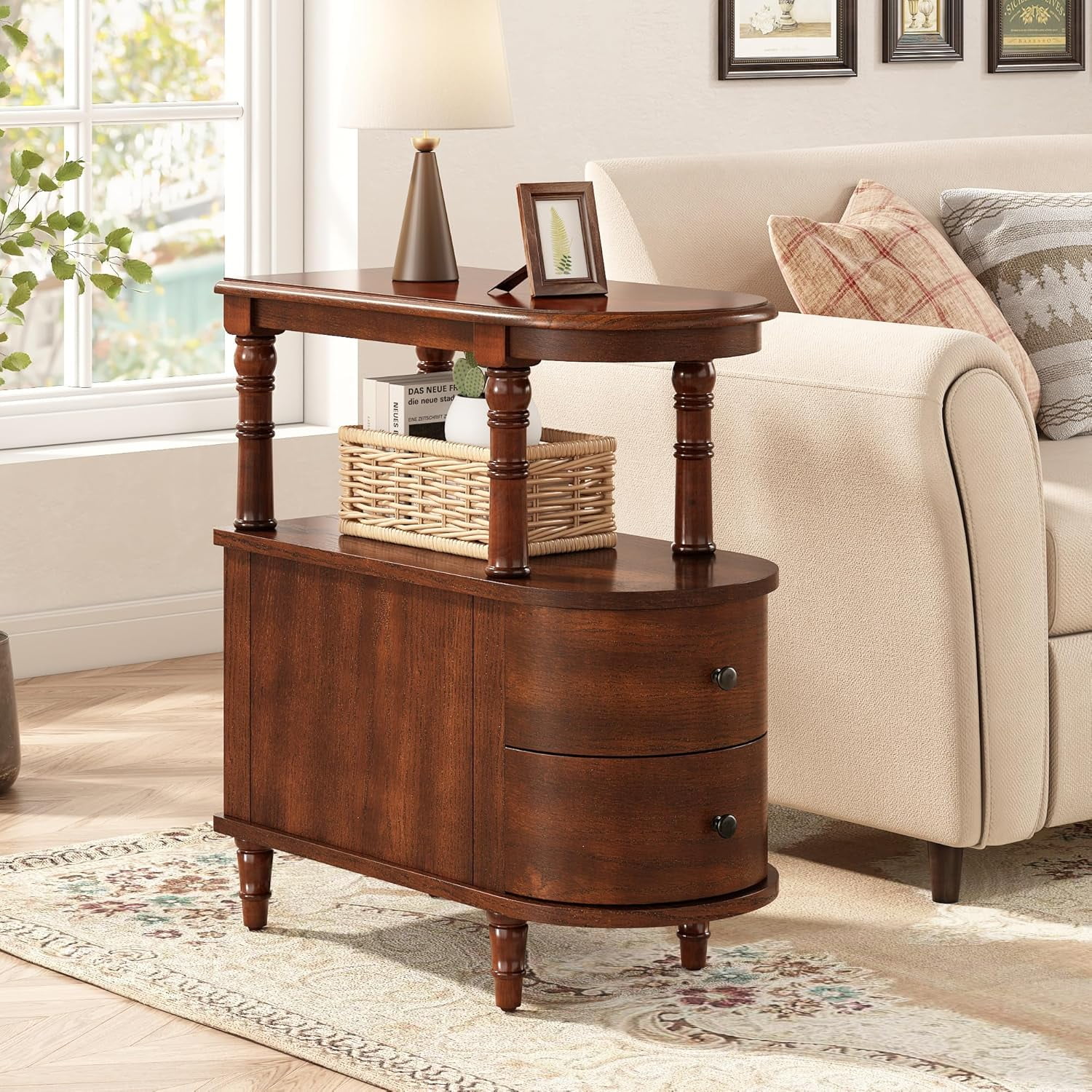 PADMA HOUSE Solid Wood End Table with 2 Drawers, Narrow Sofa Side Table ...