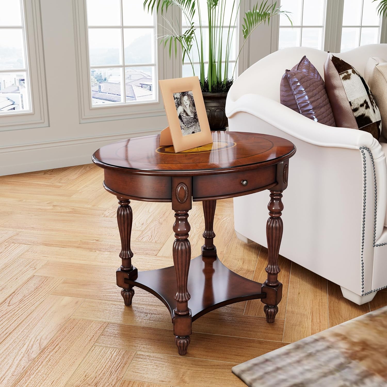 PADMA HOUSE Solid Wood Oval End Table with Drawer, 28" Traditional ...
