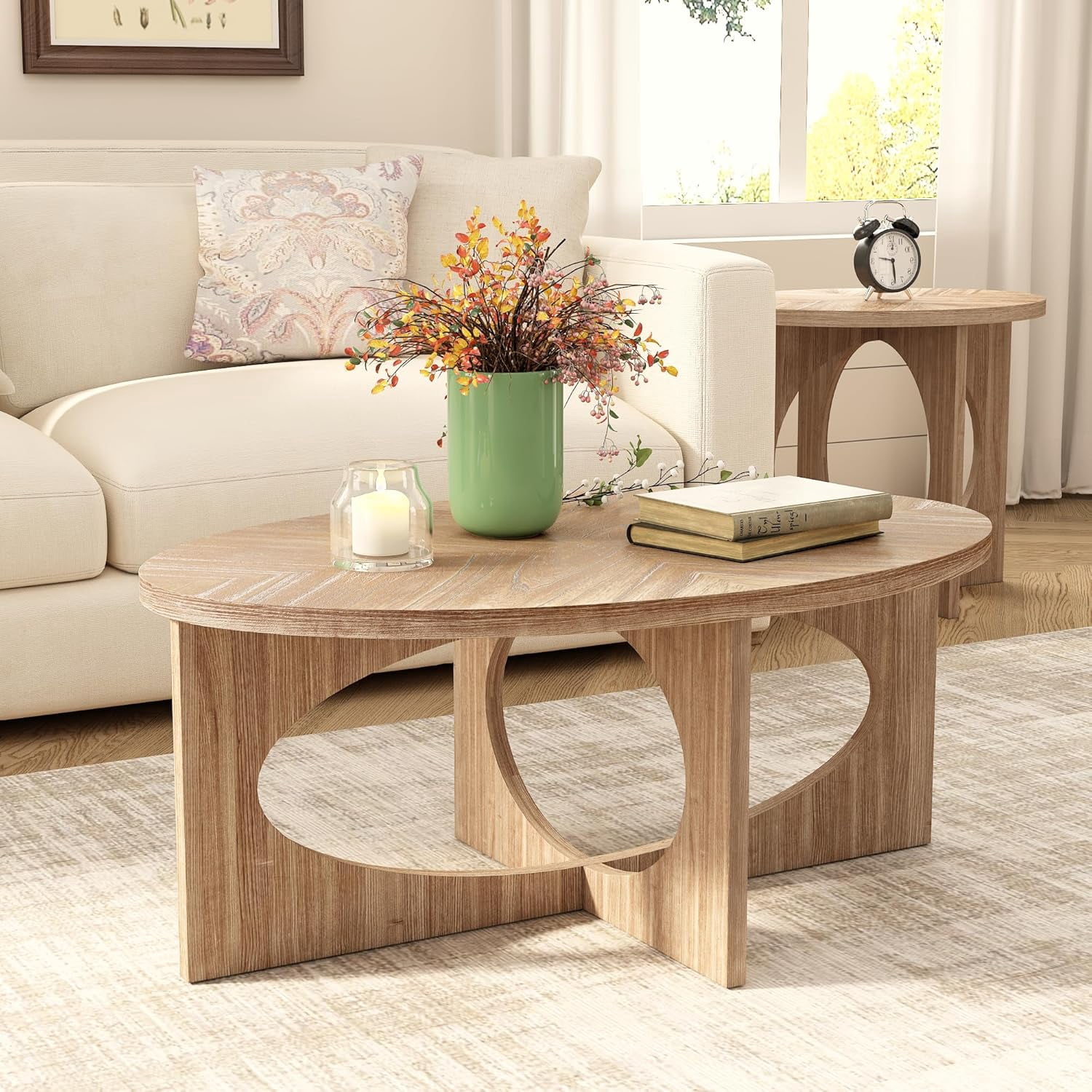 PADMA HOUSE Wooden Oval Coffee Table, Solid Natural Wood Coffee Table ...