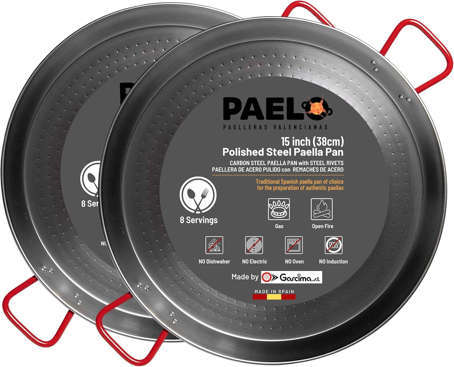 PAELO Polished Steel Paella Pan, 15 inch (38cm) Carbon Steel Pan, Large ...