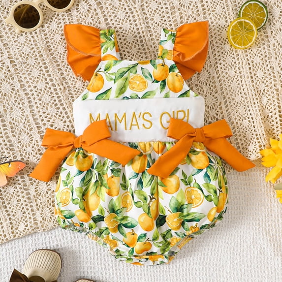 PAFNAFHF Baby Rompers Flutter Sleeve Bow Tie Lemon Orange Print Soft ...
