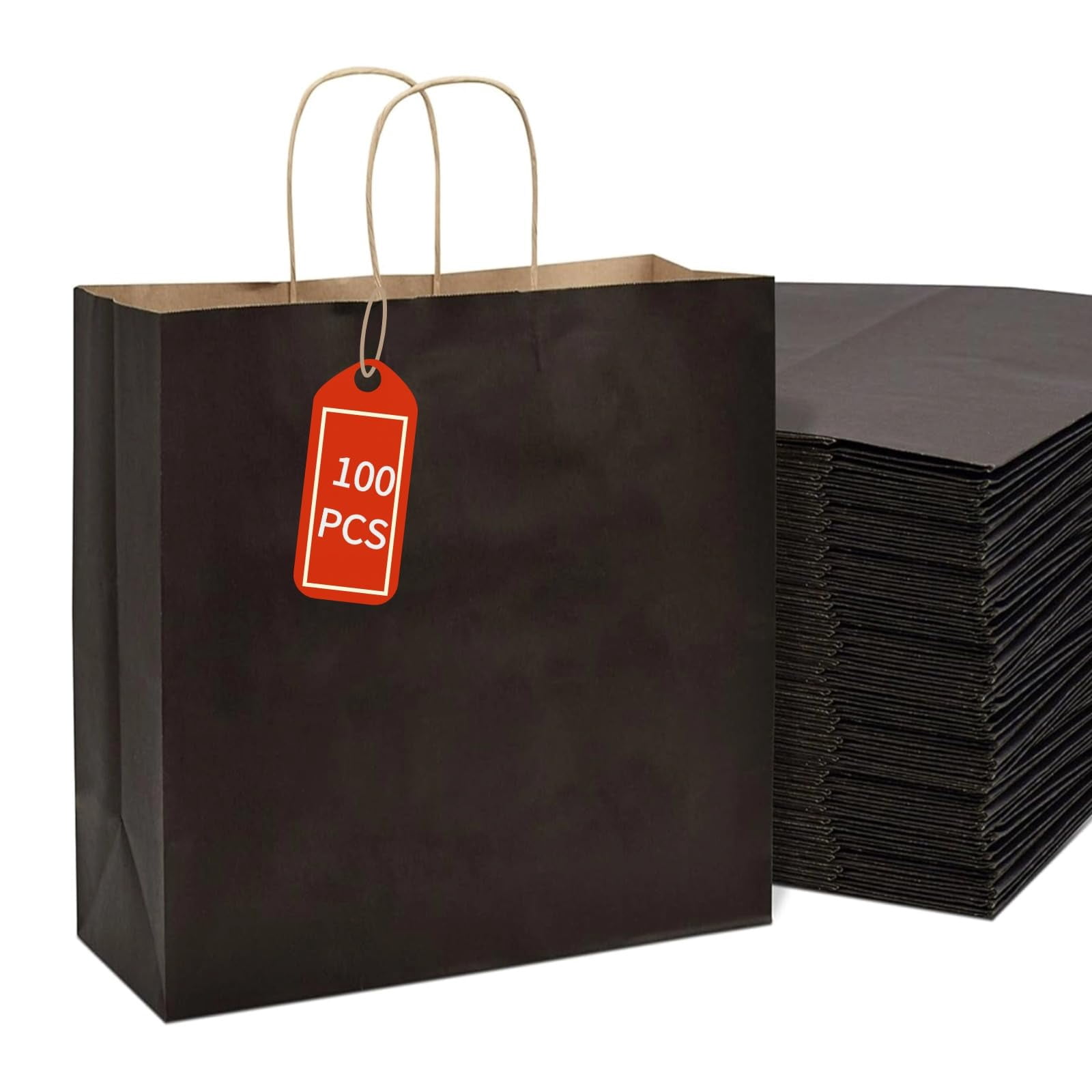 PAICUIKE 100Pcs Black Kraft Bags with Handles, 11x6x11 Inch Square Gift ...