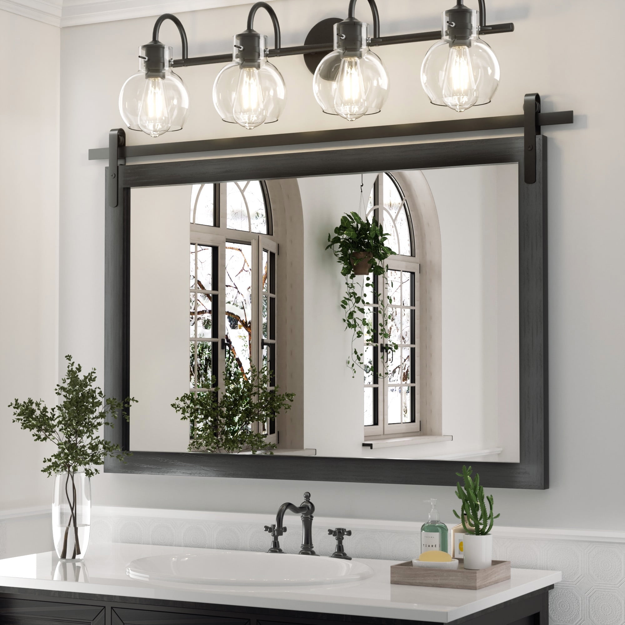 PAIHOME 40"x26" Black Farmhouse Mirror for Bathroom, Wood Framed ...
