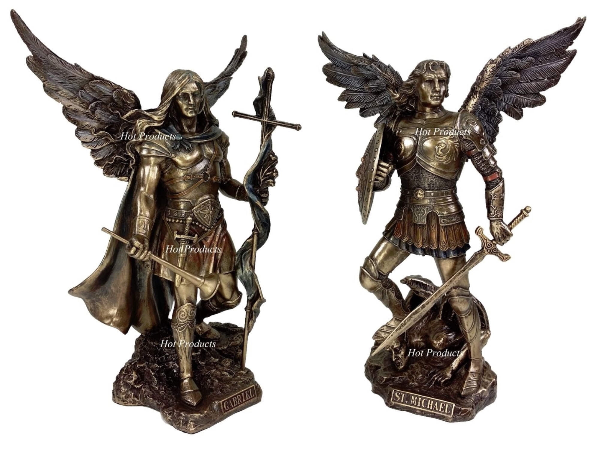 PAIR Saint Michael Gabriel Archangel Sword Shield Statue Bronze Color ...