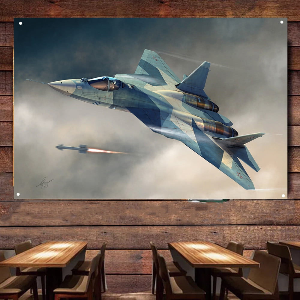 PAK FA T-50 Fighter Jet Banner Wall Art - 38" x 57" Aviation Military ...