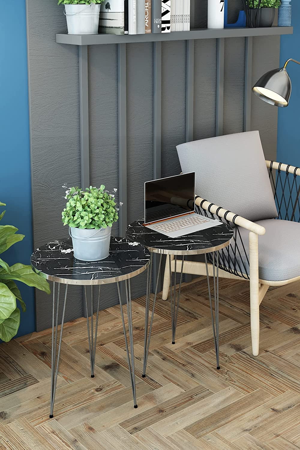 PAK HOME - Set of 2 End Table - High Gloss Black Marble Look with ...