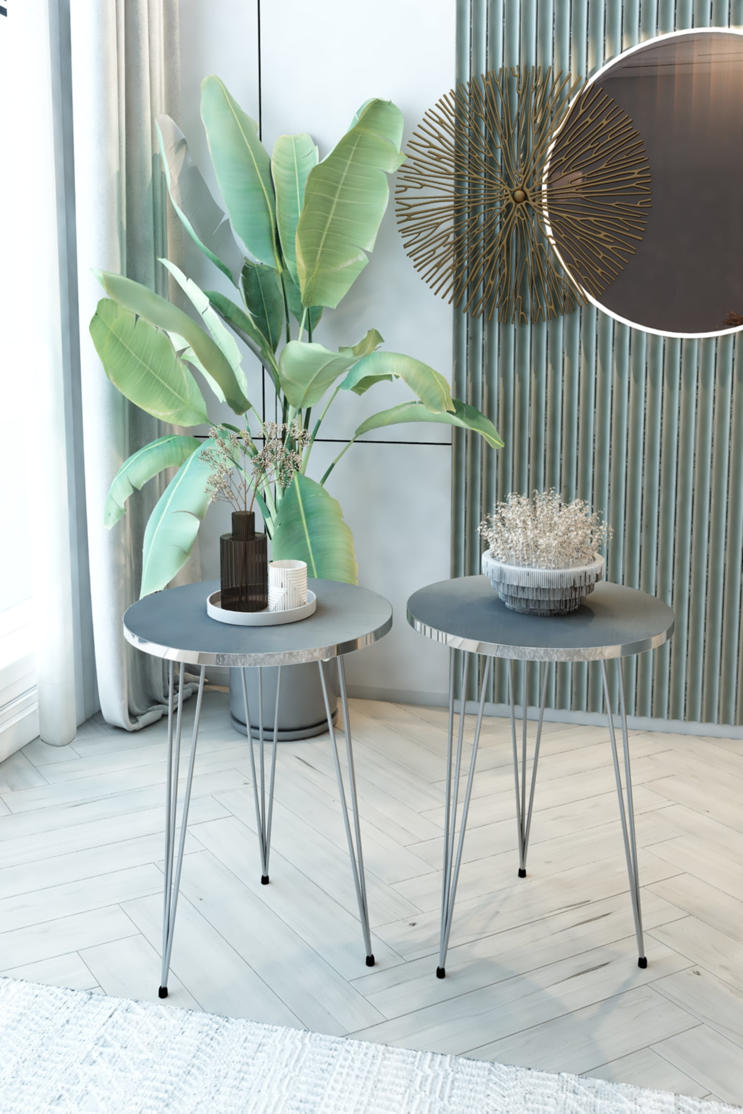 PAK HOME - Set of 2 End Table - High Gloss Grey Wood Round Sofa Side ...