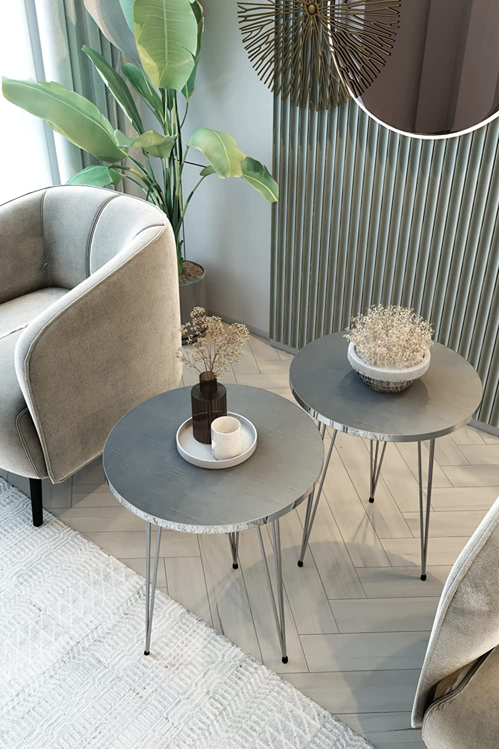 PAK HOME - Set of 2 End Table - High Gloss Grey Wood Round Sofa Side ...