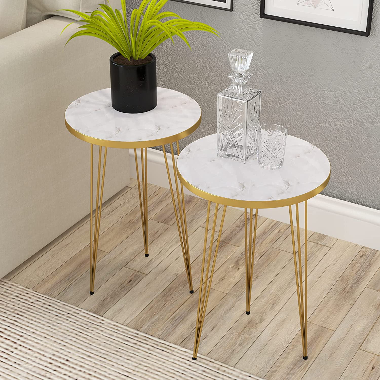 PAK HOME - Set of 2 End Table - High Gloss White Marble Look with Gold ...