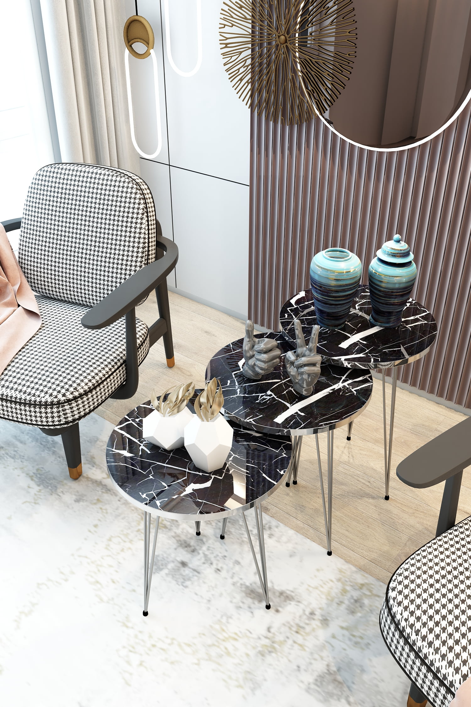 PAK HOME - Set of 3 High Gloss Black Marble Silver Legs Nesting End ...