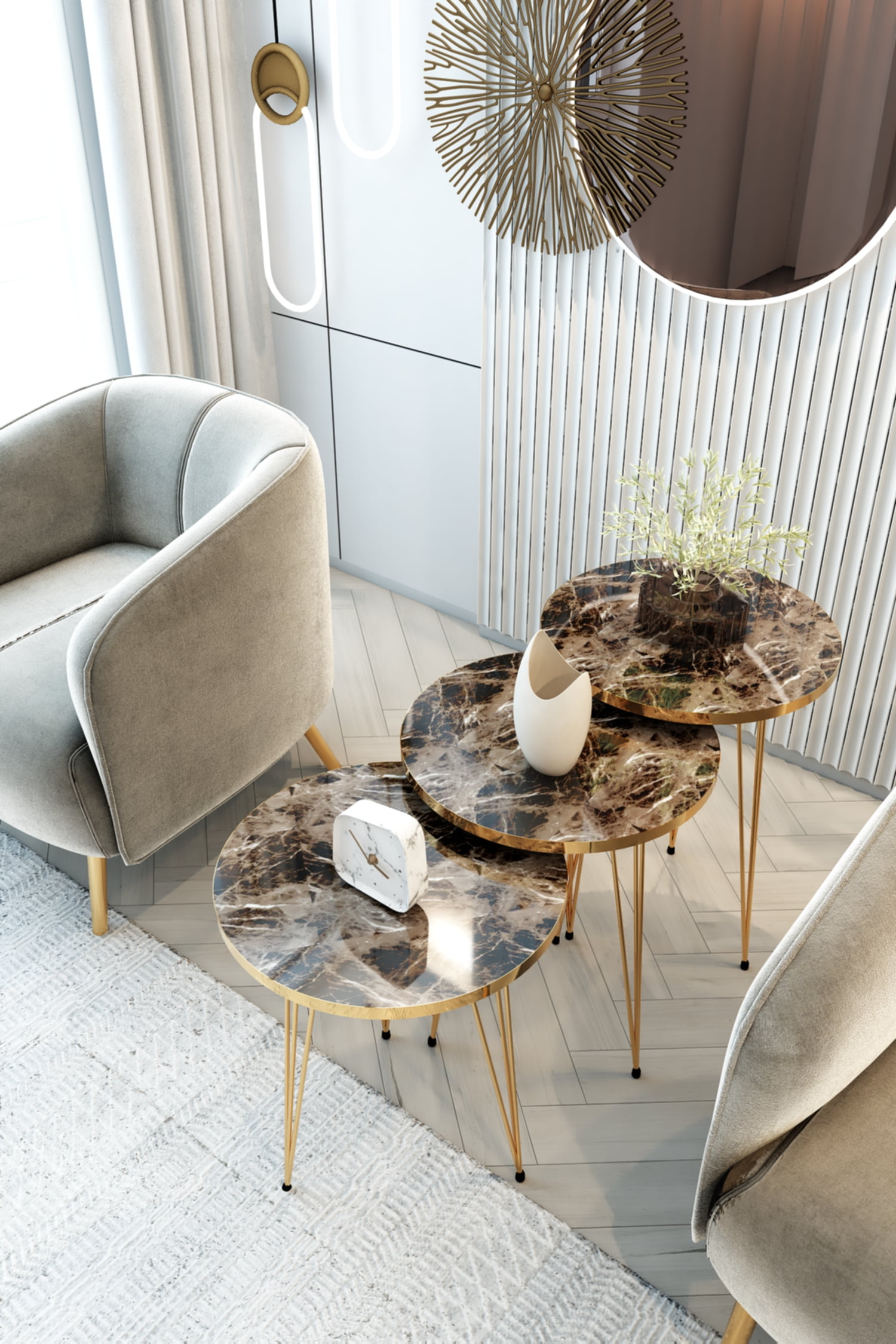 PAK HOME - Set of 3 High Gloss Brown Gold Nesting End Tables Round Wood ...