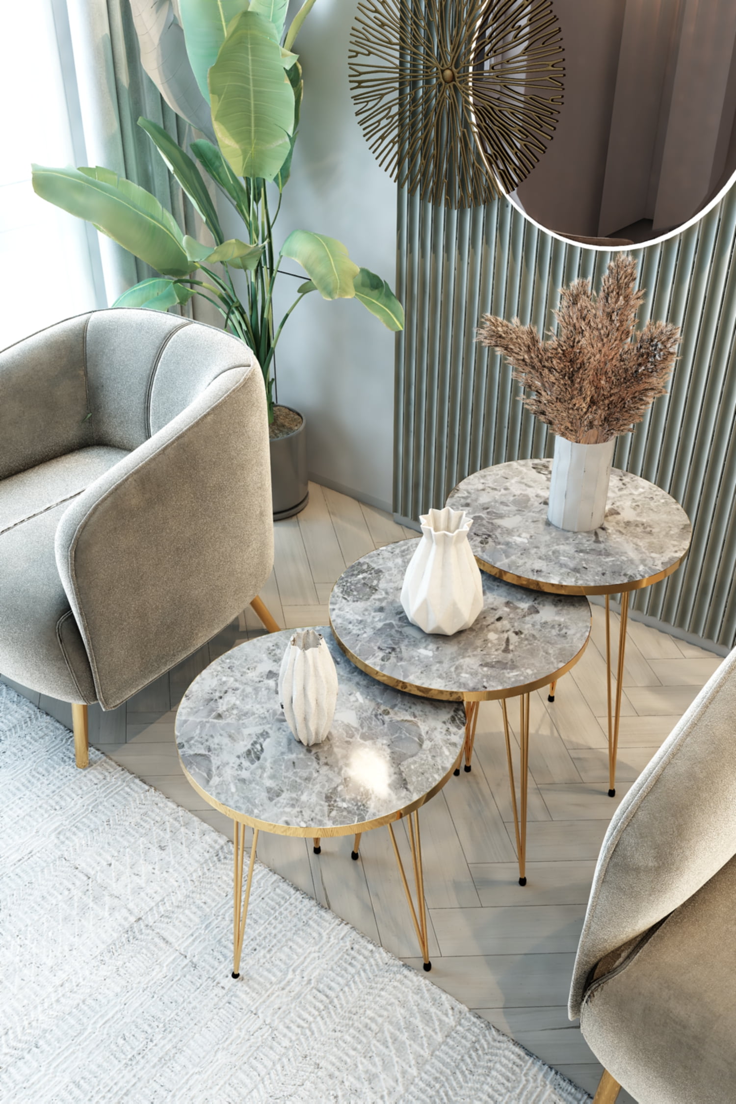 PAK HOME - Set of 3 High Gloss Grey Marble Gold Nesting End Tables ...