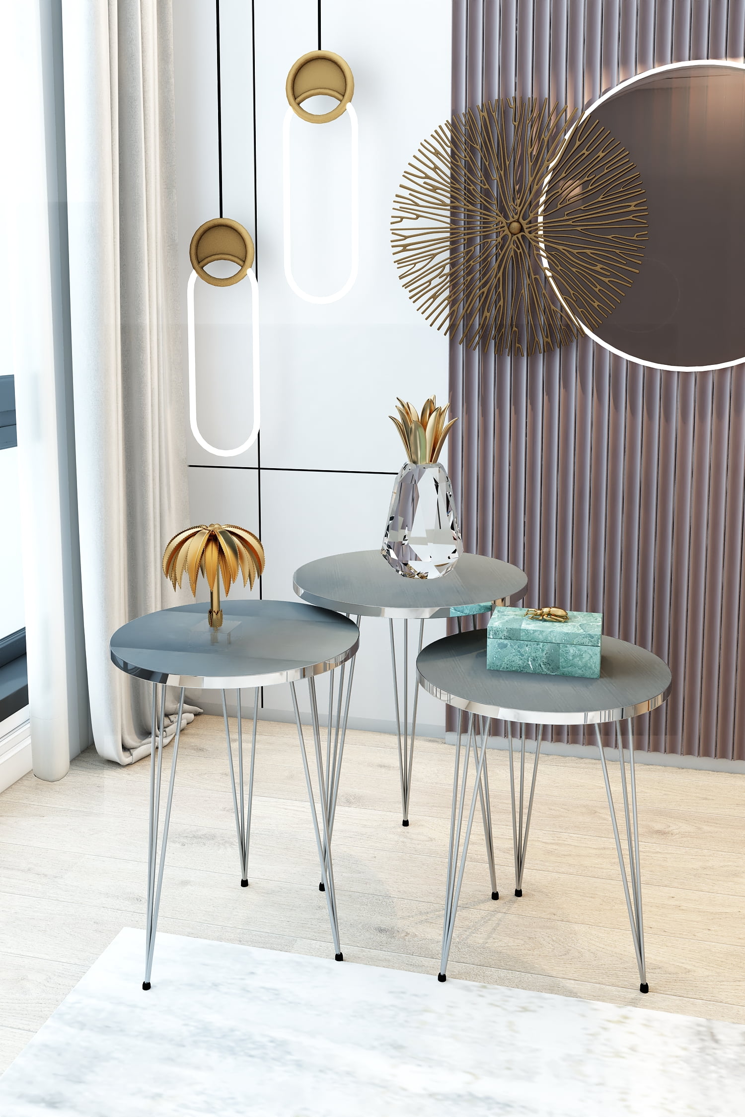 PAK HOME - Set of 3 High Gloss Grey Nesting End Tables - Round Wood ...