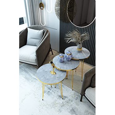 PAK HOME - Set of 2 High Gloss Brown Marble Gold Legs End Tables Round ...