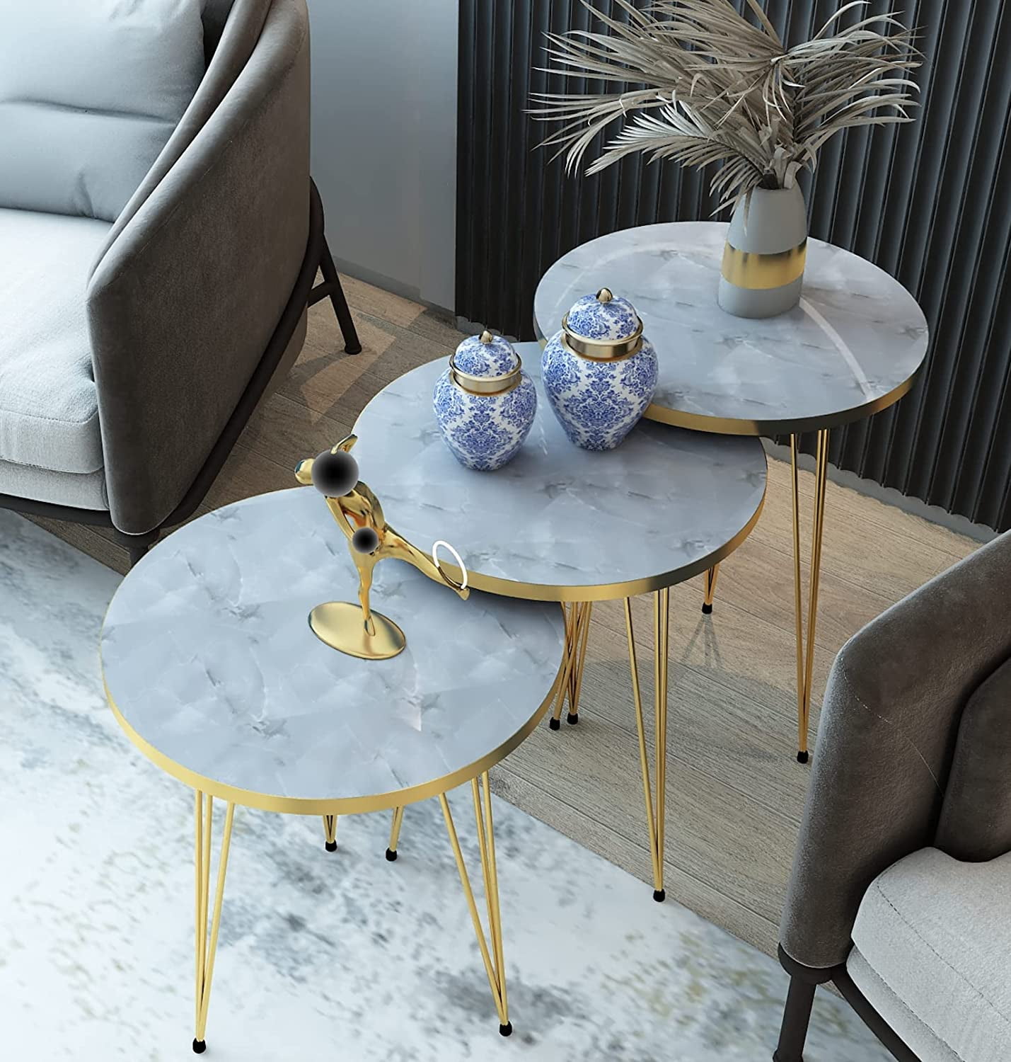 PAK HOME Set of 3 High Gloss White Marble Gold Legs Nesting End Tables ...
