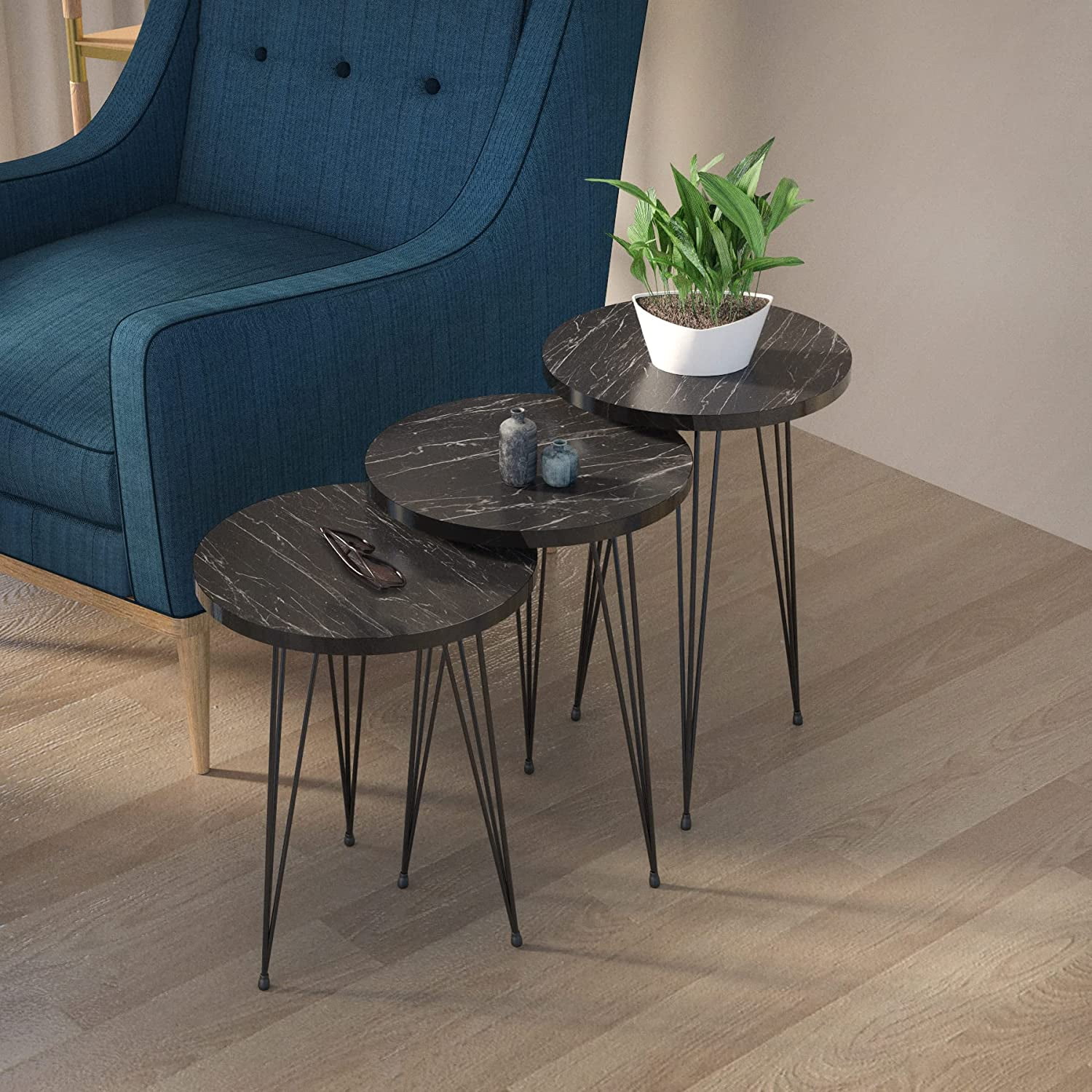 PAK HOME Set of 3 High Gloss White Marble Gold Legs Nesting End Tables ...